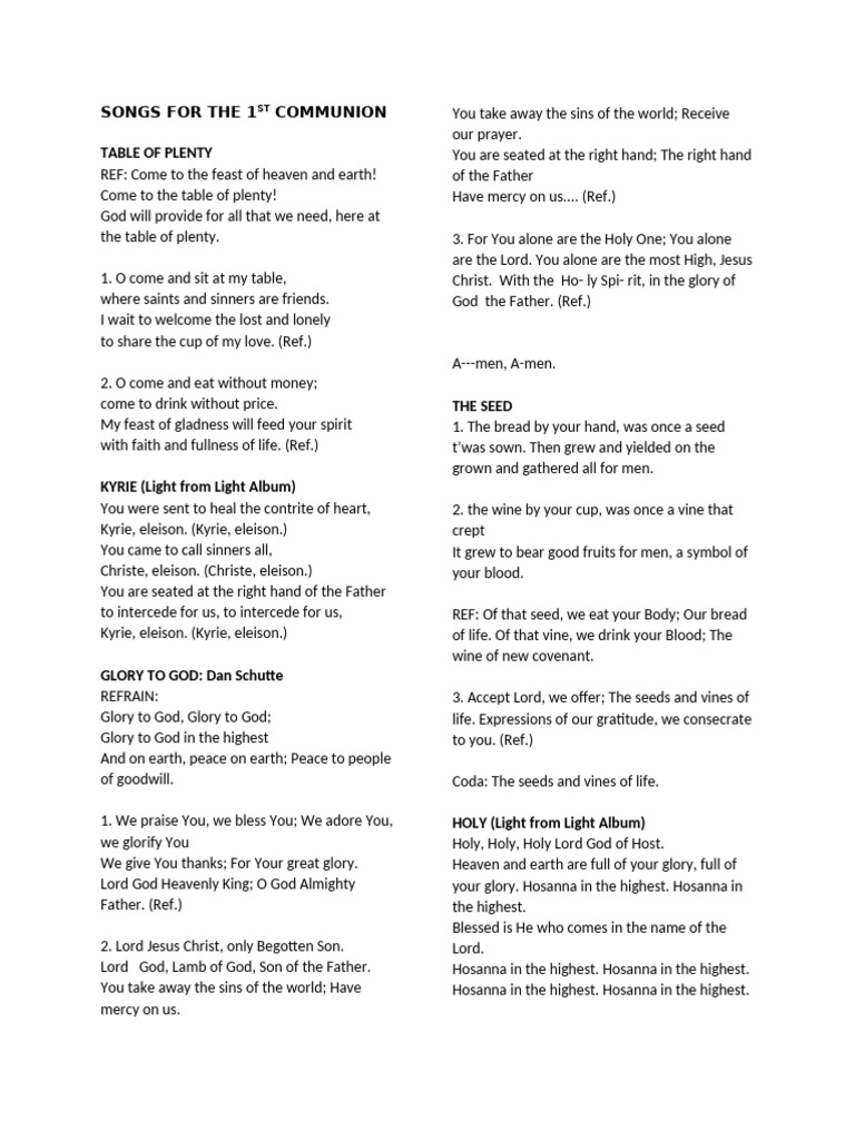 Songs For The 1st Communion | PDF | Lord's Prayer | Glory (Religion)