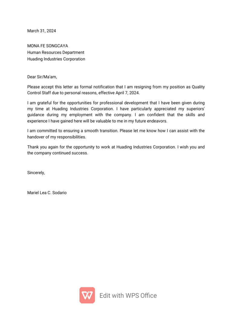 Resignation Letter1 | PDF | Finance & Money Management