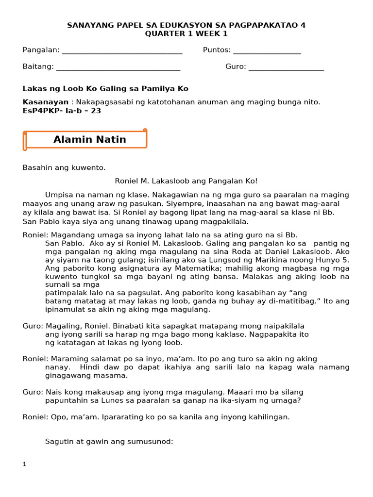 MELC BASED LAS ESP-Q1-Week-1 | PDF