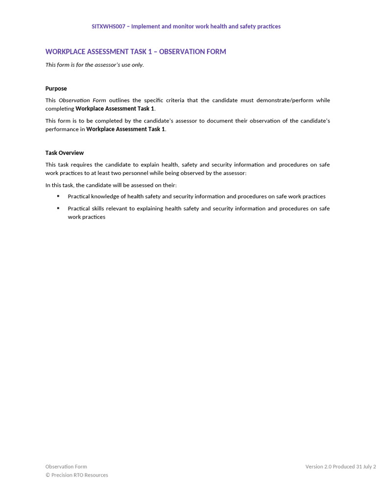SITXWHS007 Workplace Assessment Task 1 Observation Form v1.0 | PDF ...