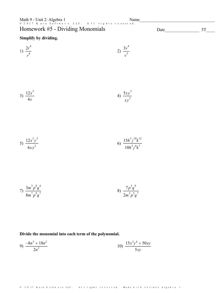 Homework #5 - Dividing Monomials | PDF | Algebra | Abstract Algebra