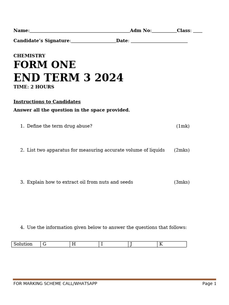 ST Mathias Nyamosense CHEMISTRY F1 QS | PDF | Solubility | Chemical Substances