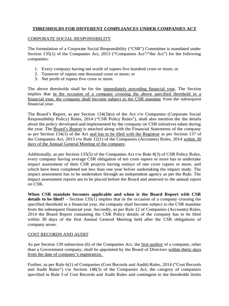 THRESHOLDS FOR DIFFERENT COMPLIANCES UNDER COMPANY LAW | PDF ...