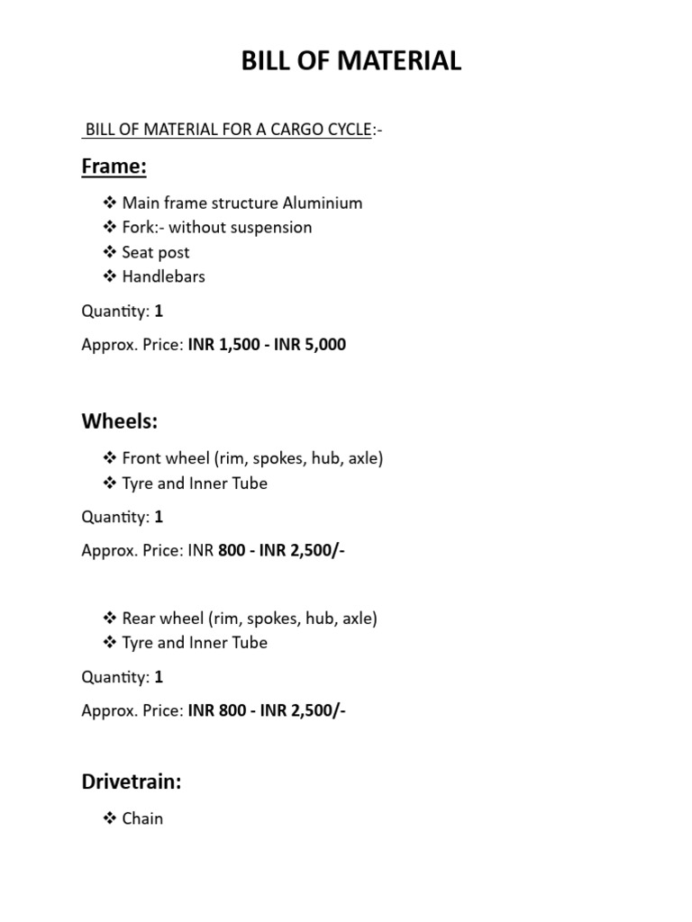 Bill of Material For A Cargo Cycle | PDF