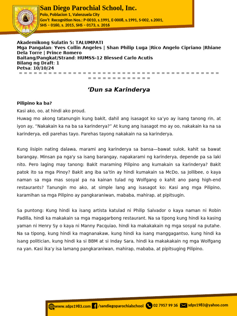 Talumpati Dun Sa Karinderya Ni Yves Collin Angeles | PDF