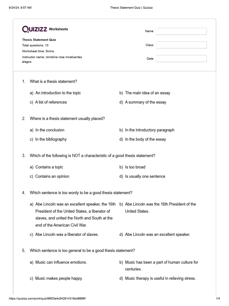 Thesis Statement Quiz Worksheet | PDF | Thesis | Essays