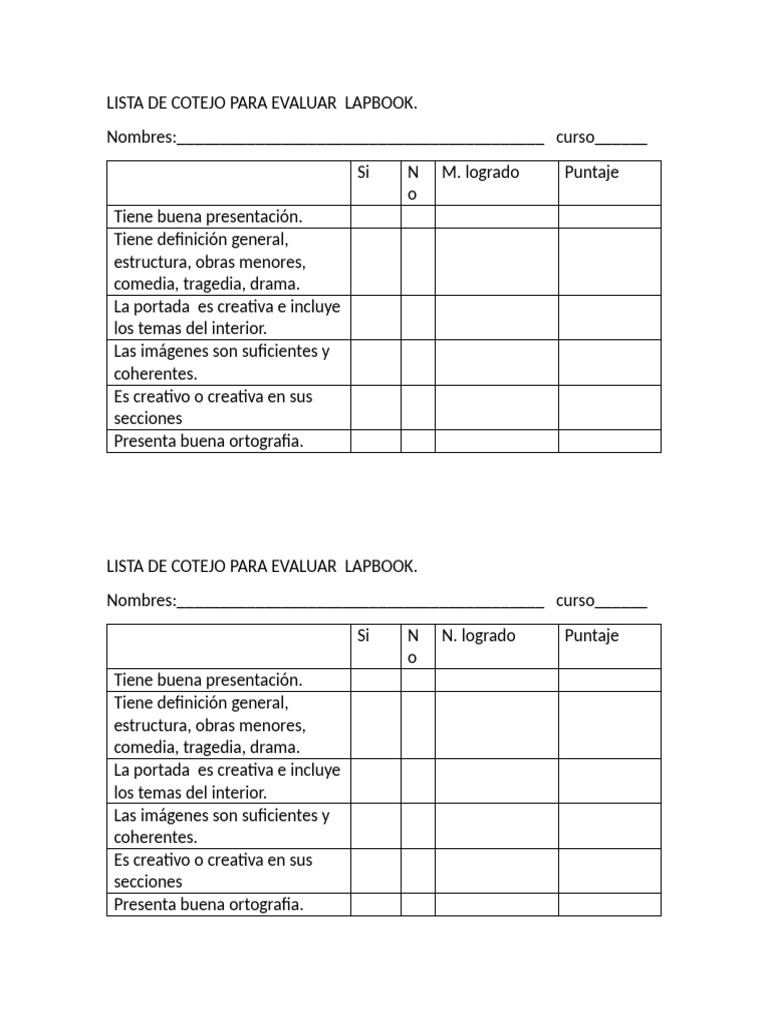 Criterios para Evaluar un Lapbook | PDF | Métodos y materiales de enseñanza