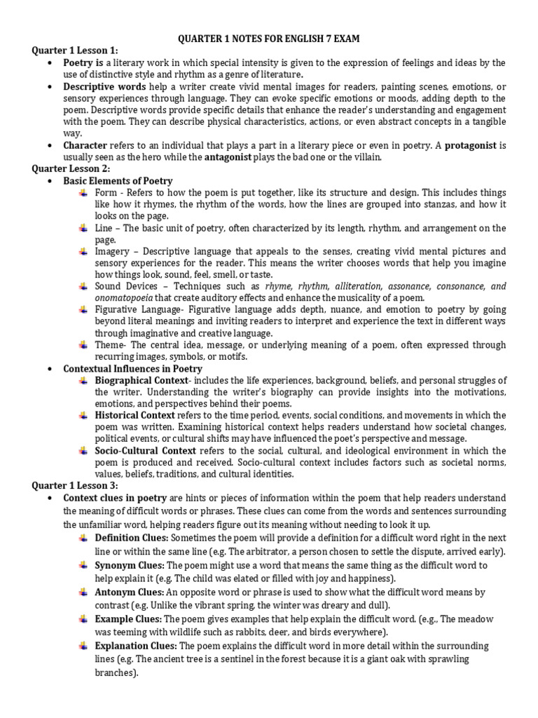 English Notes For Grade 7 | PDF | Poetry | Rhyme