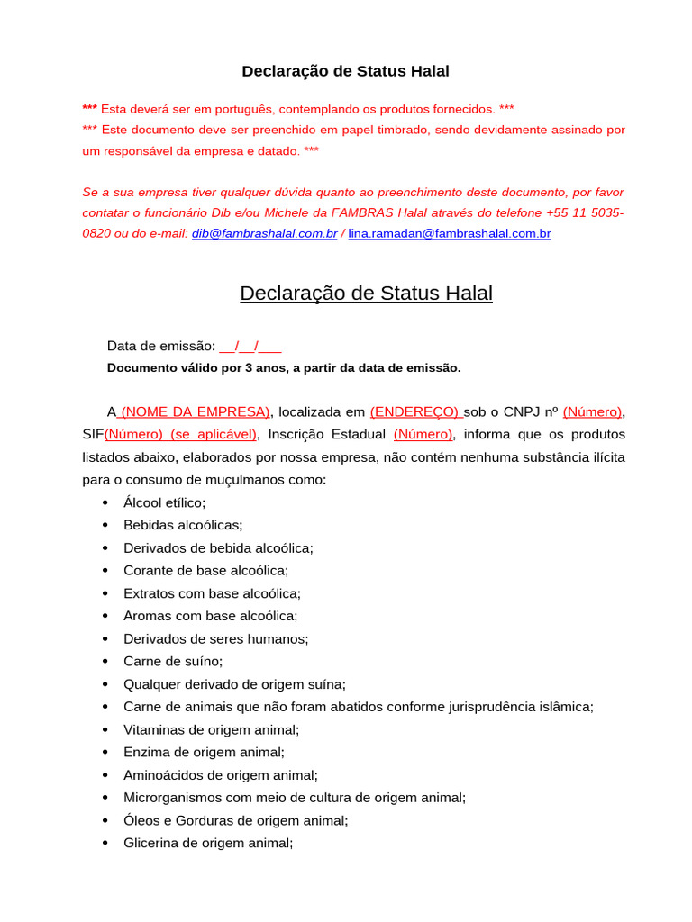 Modelo Declaração de Status Halal | PDF | Queijo