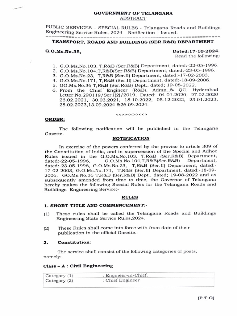 Telangana R&B Engineering Service Rules 2024 | PDF | Engineering | Business