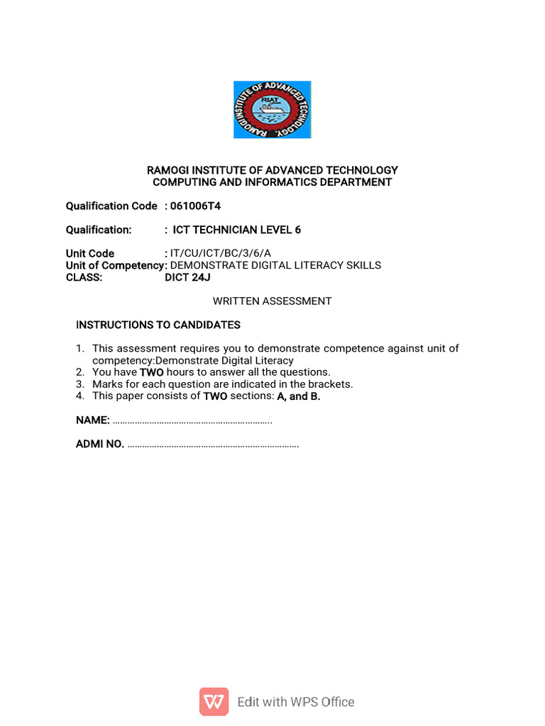 DIGITAL LITERACY EXAM Dict 24j July | PDF | Databases | Internet