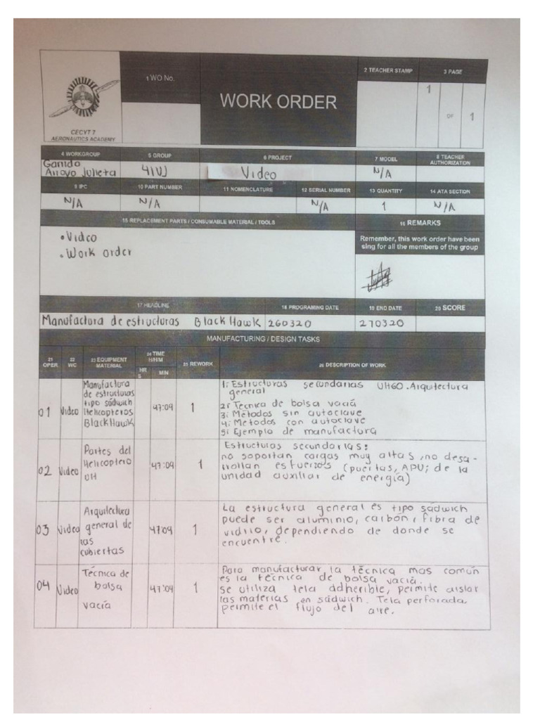 Work Order Del Video Manufacturas Estructuras Secundarias Blackhawk | PDF