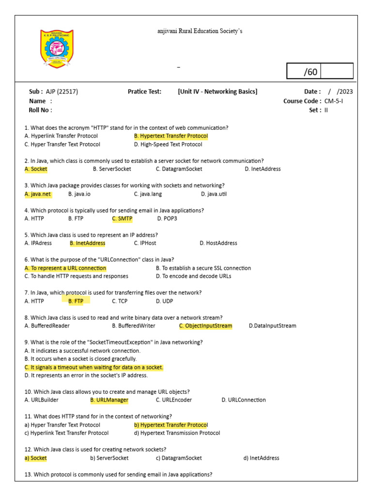 AJP-Networking MCQ' Answer Set2 | PDF | Network Socket | Internet Protocol Suite