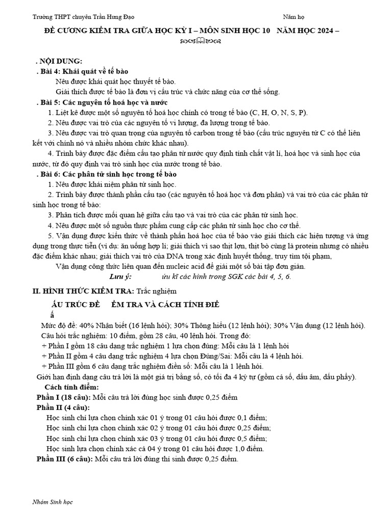 Đề Cương Kt Giữa Hki - Sinh 10 (24-25) .Hs | PDF