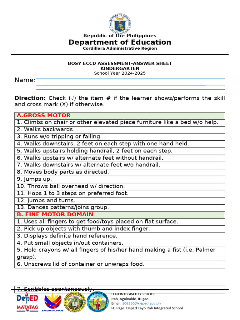 Kindergarten ECCD Assessment 2024-2025 | PDF | Sibling | Object (Grammar)