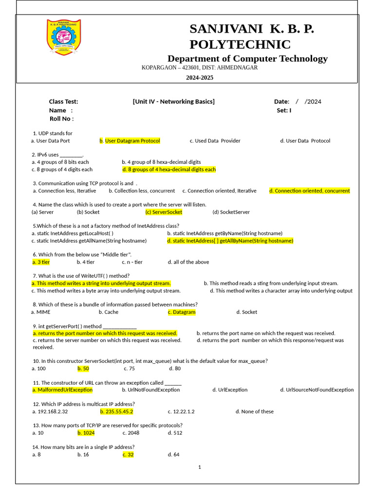 Networking Answer Set 1 | PDF | Port (Computer Networking) | Internet Protocol Suite