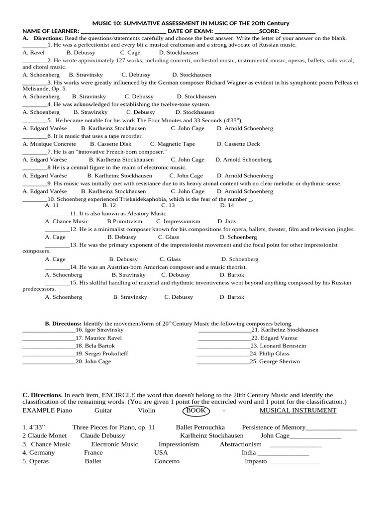 Music 10-Summative Testq1 | PDF | Electronic Music | Impressionism