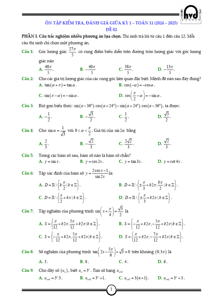Toán 11 - KT GK1 - Cấu Trúc Mới - Đề 2 | PDF