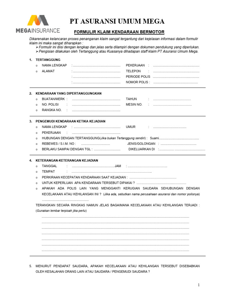 Formulir Klaim Asuransi Kendaraan | PDF