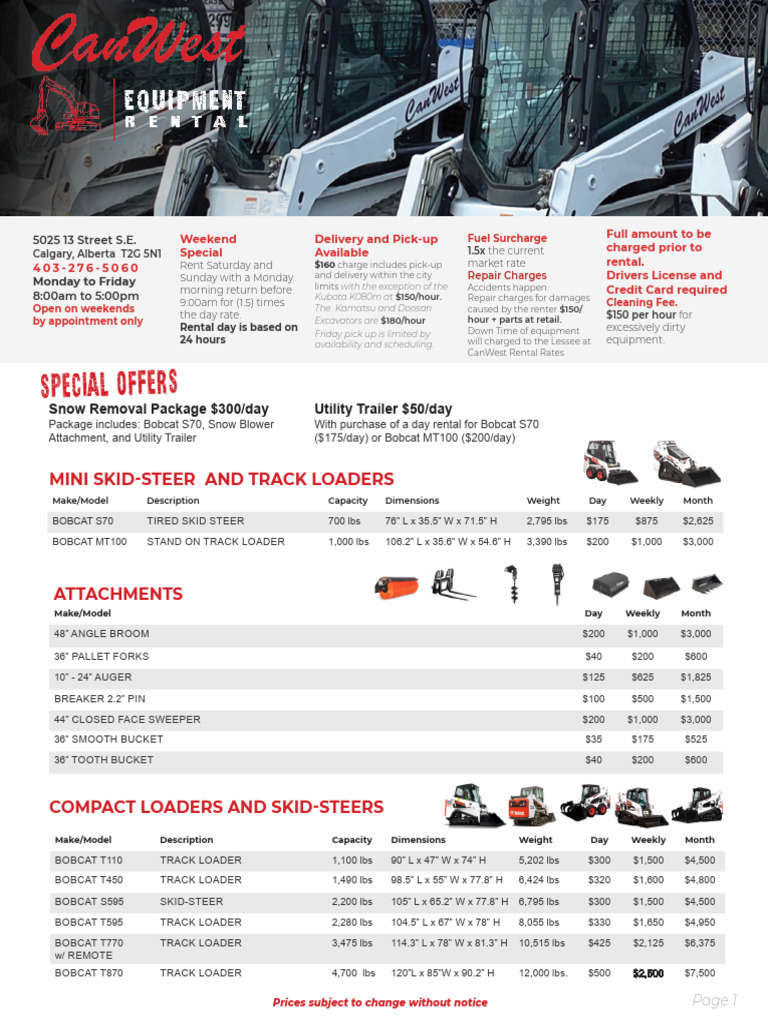 Skid-Steer & Loader Rental Prices | PDF | Loader (Equipment ...