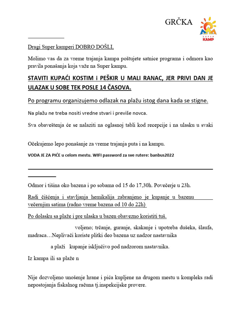 Super Kamp 2023 Grčka Informator | PDF