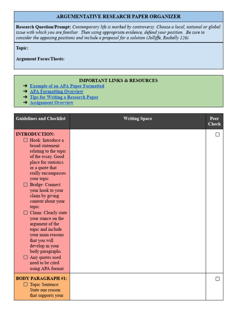 ELA 12 Argumentative Research Paper Organizer Template | PDF | Apa ...