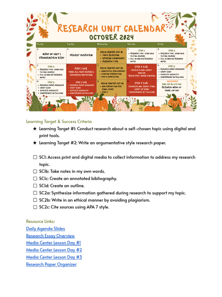 Fall 24' Research Unit Lesson Plan, Calendar, and Student Groups | PDF