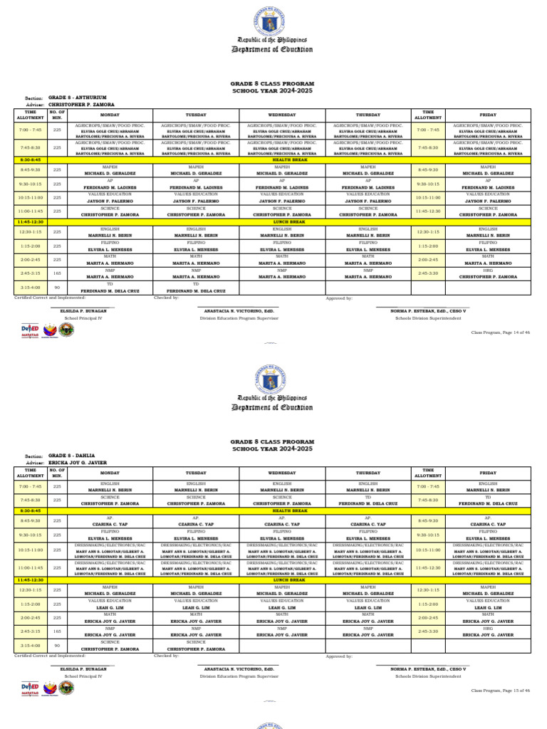 Class-Program_Grade-8-with-NMP | PDF | Southeast Asia | Philippines