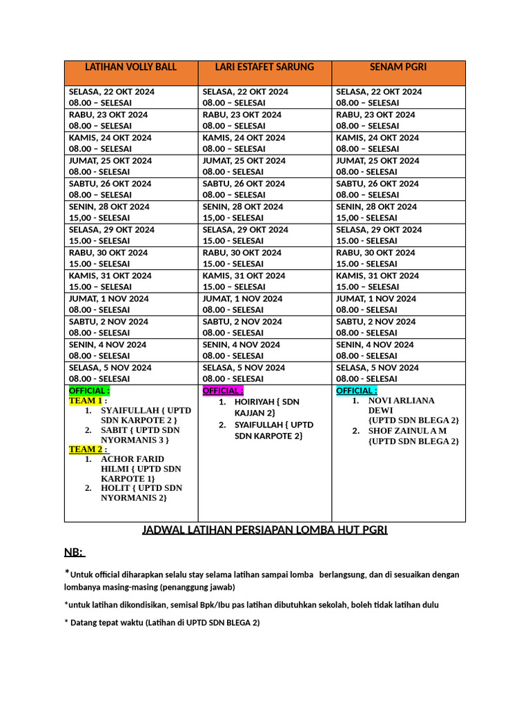 Jadwal Latihan Lomba Hut Pgri | PDF