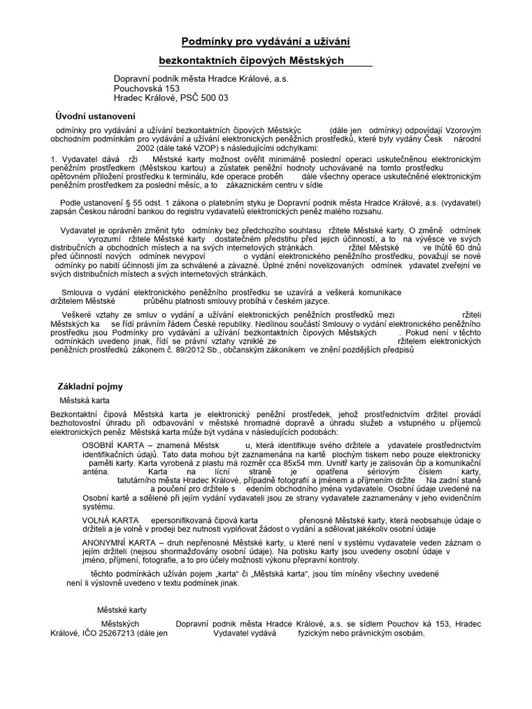 Podminky Pro Vydani A Uzivani Karty | PDF