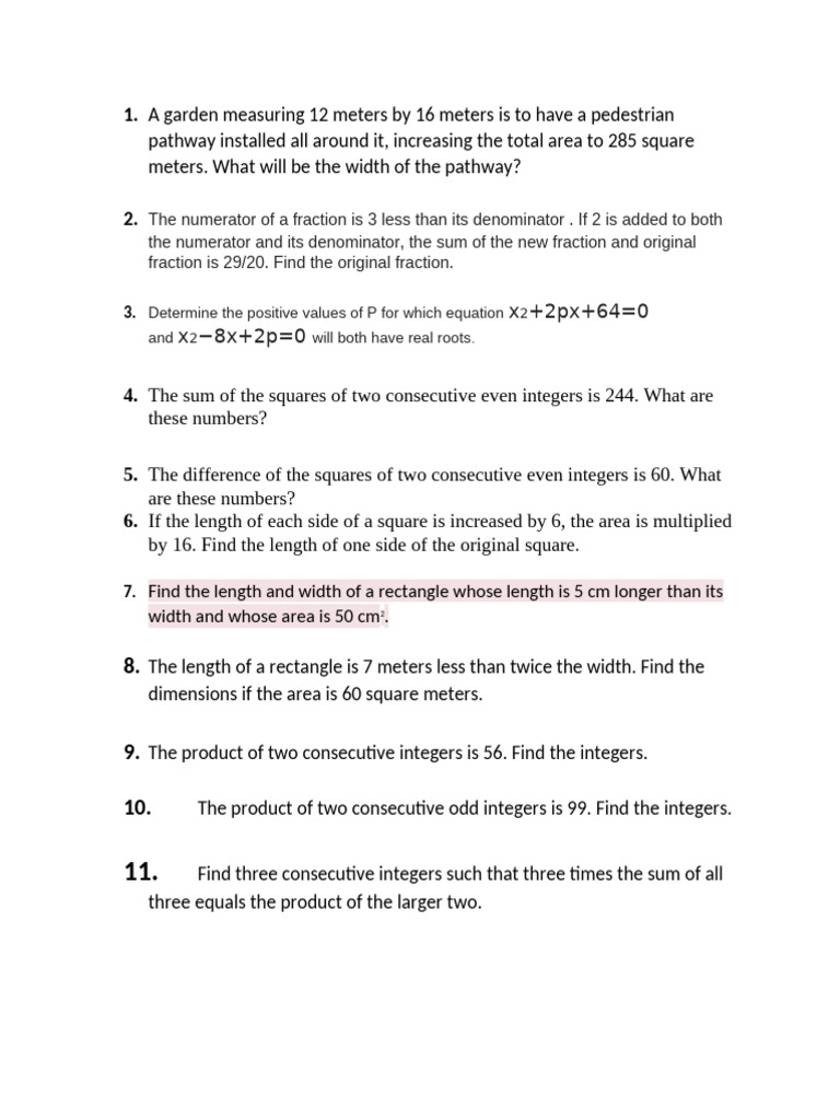 Application of Quadratic Equations Word Problems | PDF | Teaching ...