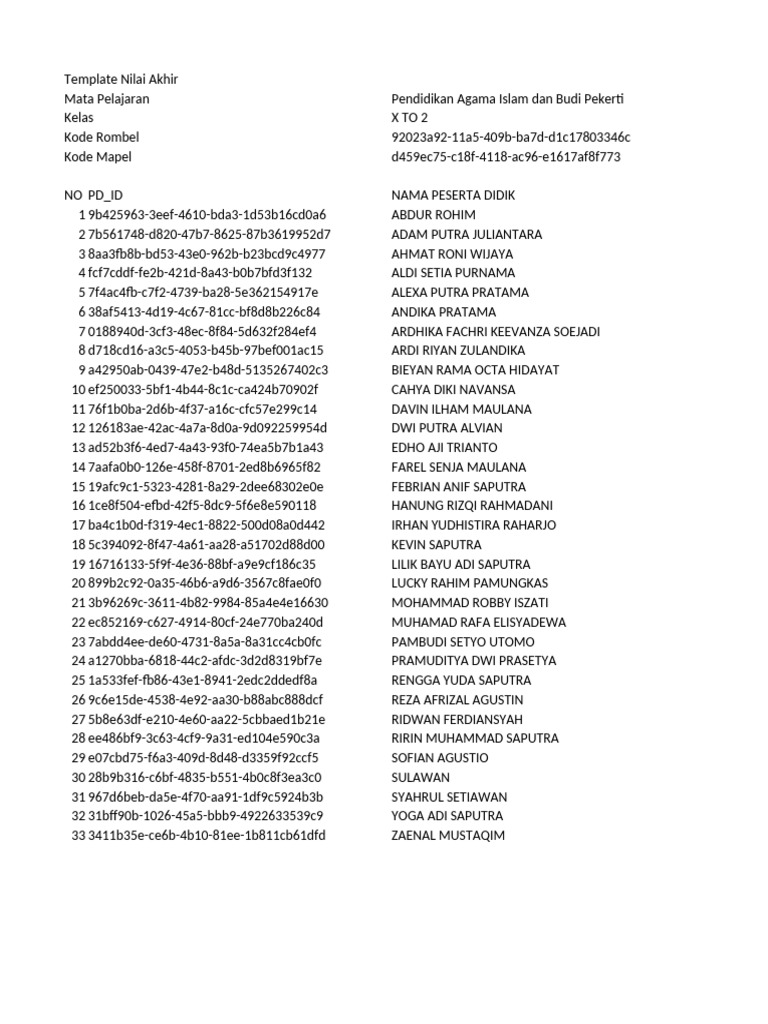 Template Nilai Akhir Mata Pelajaran Pendidikan Agama Islam Dan Budi Pekerti Kelas X TO 2 | PDF