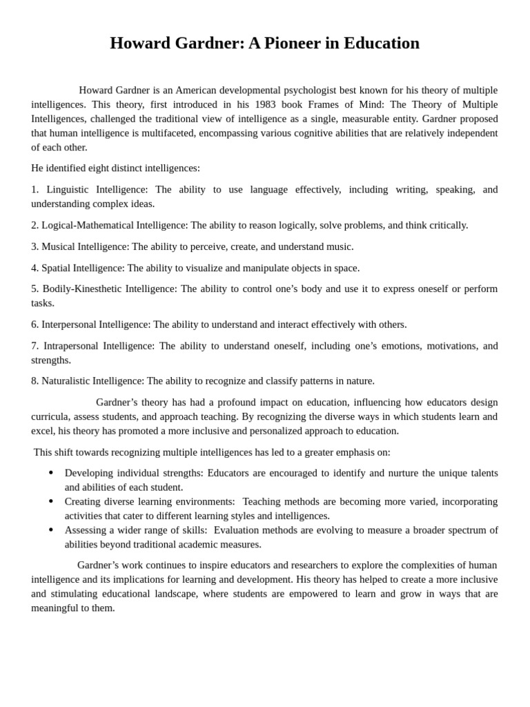Howard Gardner's Multiple Intelligences Theory | PDF | Intelligence | Behavior Modification