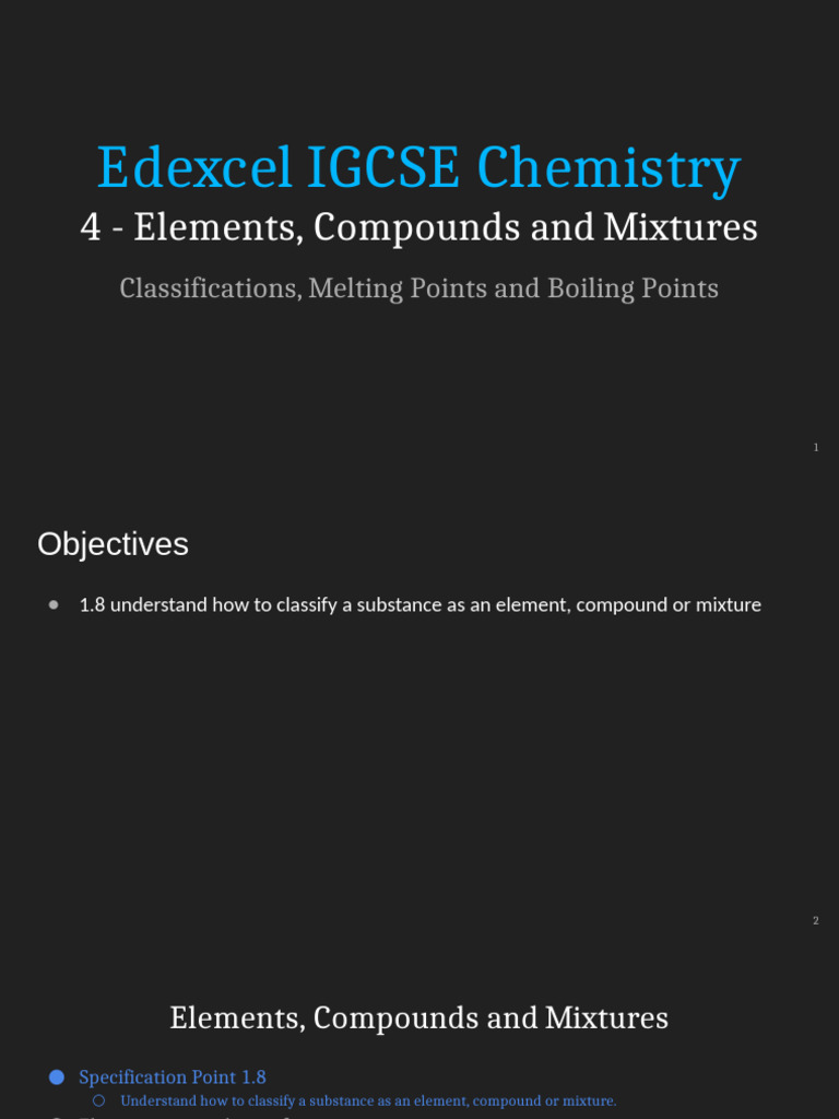 IGCSE Chemistry Lecture 4 Elements Compounds and Mixtures | PDF ...
