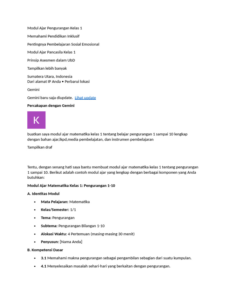 Modul Ajar Pengurangan Kelas 1 SD | PDF
