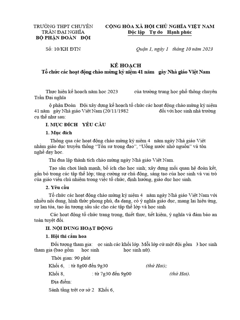 10 - KH Hoat Dong Chao Mung 20.11 (2023-2024) | PDF