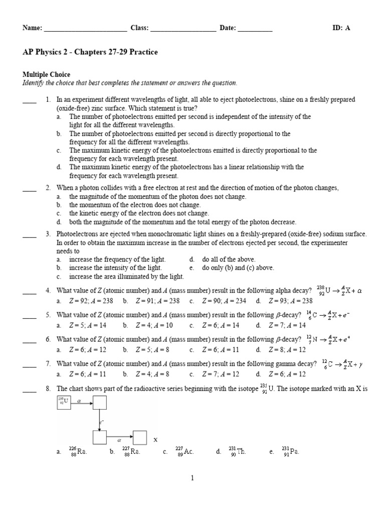 AP2_Ch27-29_Practice | PDF | Photoelectric Effect | Electron