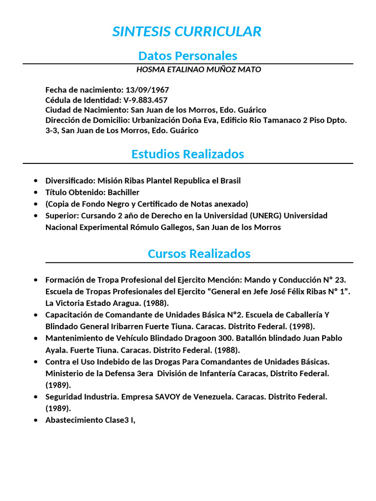 Currículum de Hosma Etalinao Muñoz | PDF
