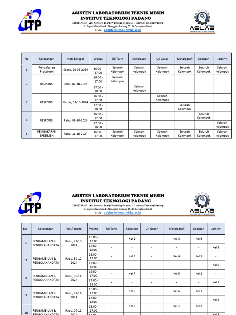 Jadwal Praktikum Material & Metalurgi Fisik 2024-1 | PDF