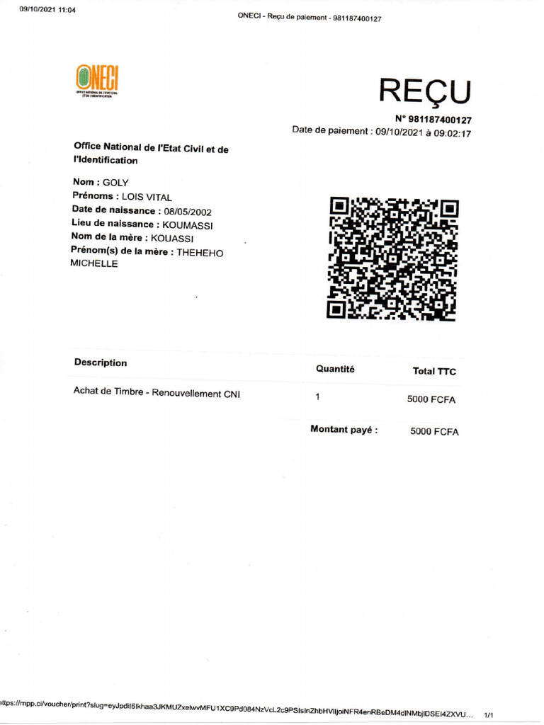 Reçu ONECI | PDF