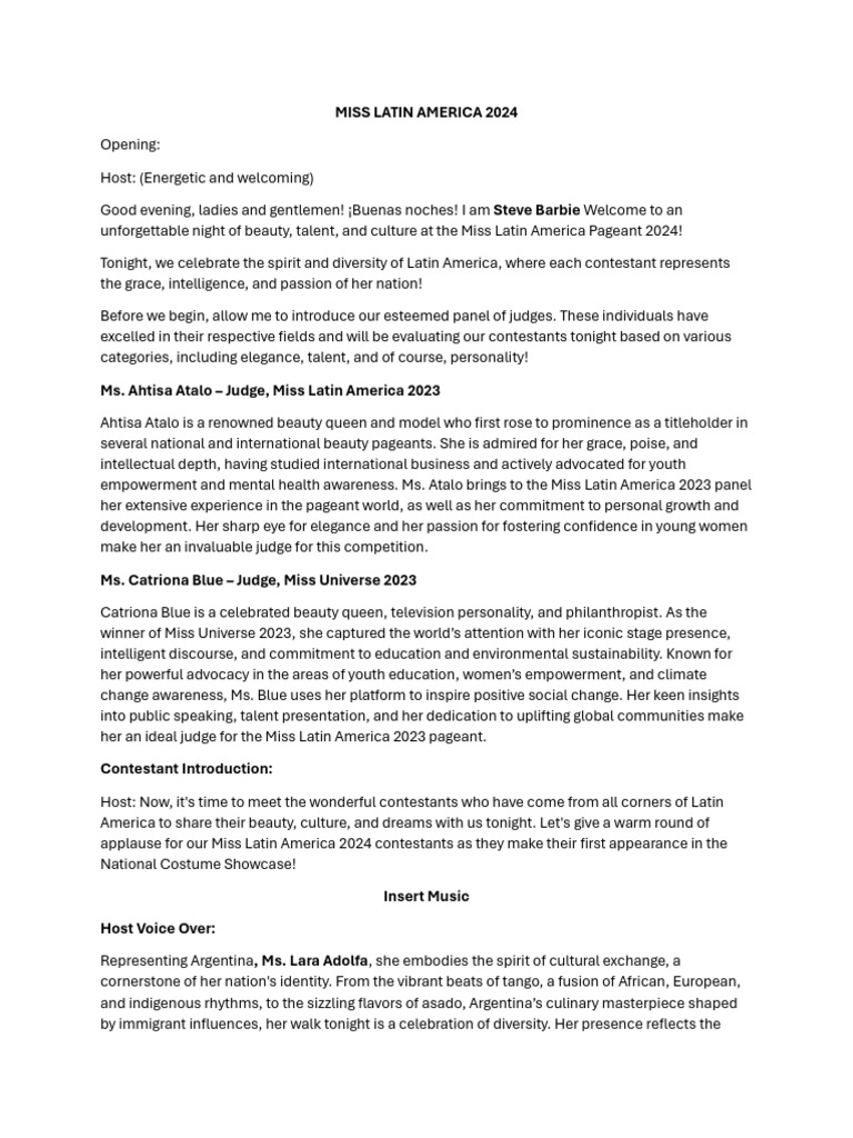 MISS LATIN AMERICA 2024 SCRIPT AND FLOW | PDF | Poverty | Poverty ...