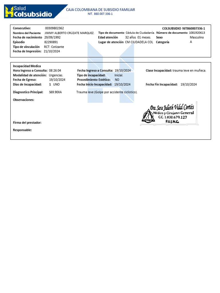 Incapaciad 19-10-2024 COLSUBSIDIO | PDF