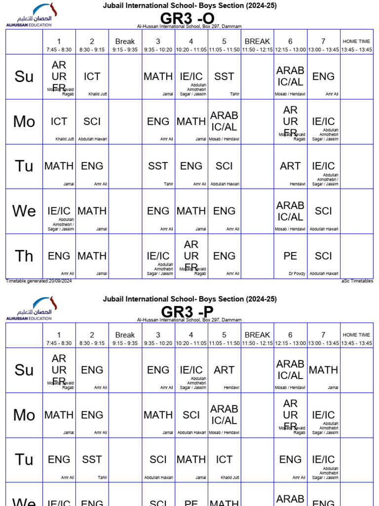 Al-Hussan School Timetable 2024-25 | PDF | Tribe | Arab People
