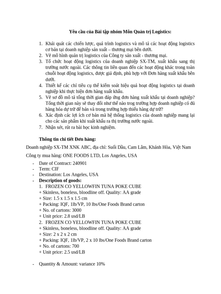 BT nhóm Môn QT Logistics - USA | PDF