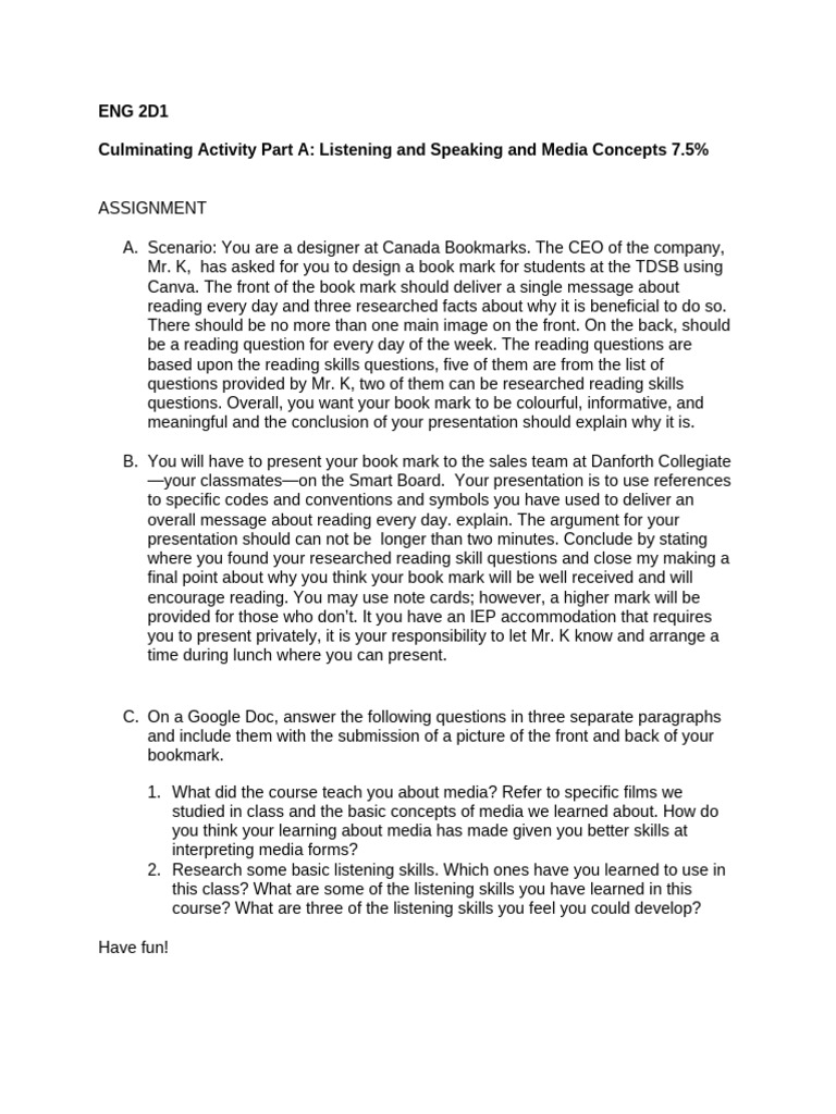 Culminating Activity ENG 2D1 June 2024 | PDF | Communication | Learning