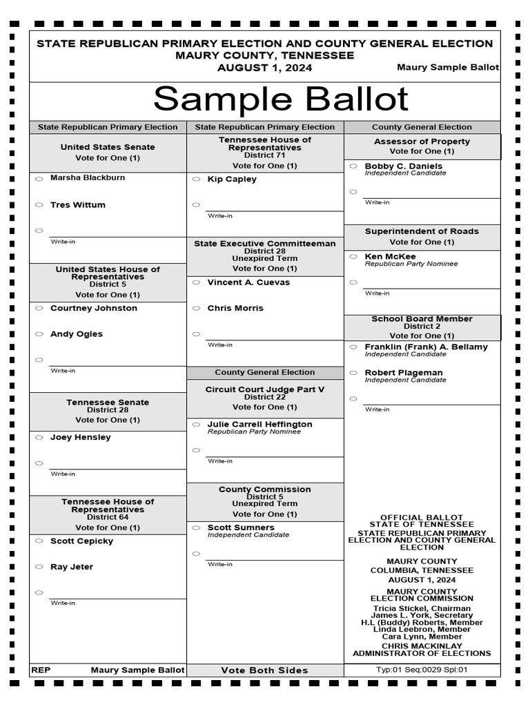 2024 Aug Maury Sample Paper Ballot - 202406051230010627 | PDF ...