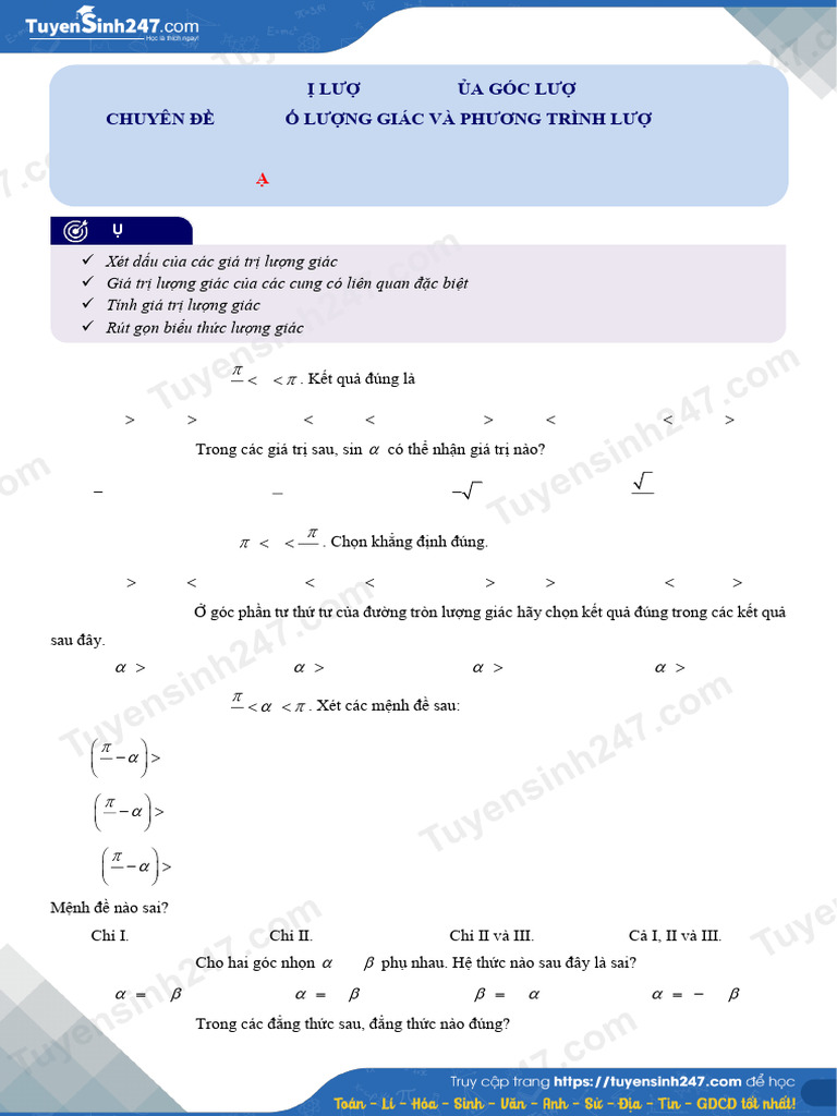 de Thi BTVN Gia Tri Luong Giac Cua Goc Luong Giac 1691744341 | PDF