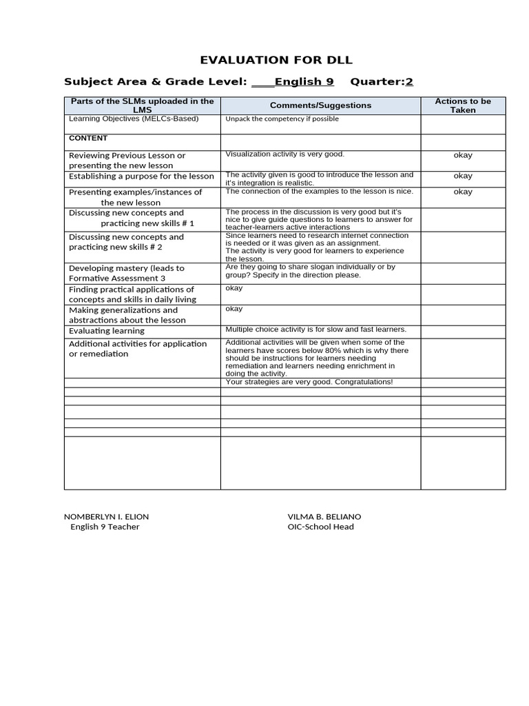 Q2 - English 10 DLL-Evaluation | PDF | Teaching | Education Theory