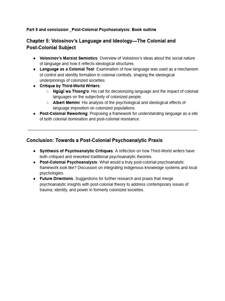 Part 5 and Conclusion - Post-Colonial Psychoanalysis - Book Outline | PDF
