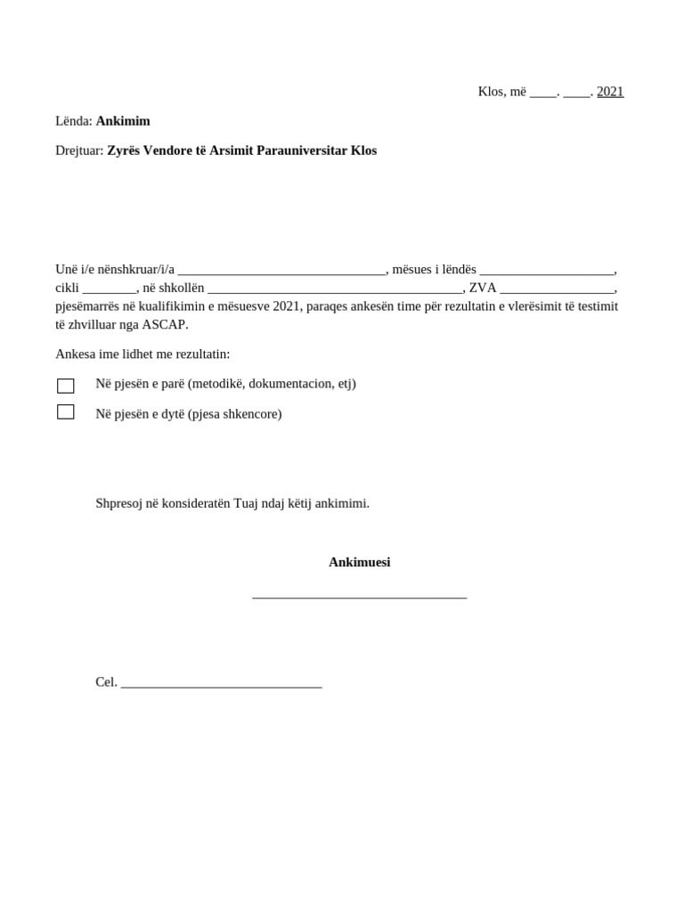 Formular Ankimimi Për Kualifikimin 2021 | PDF